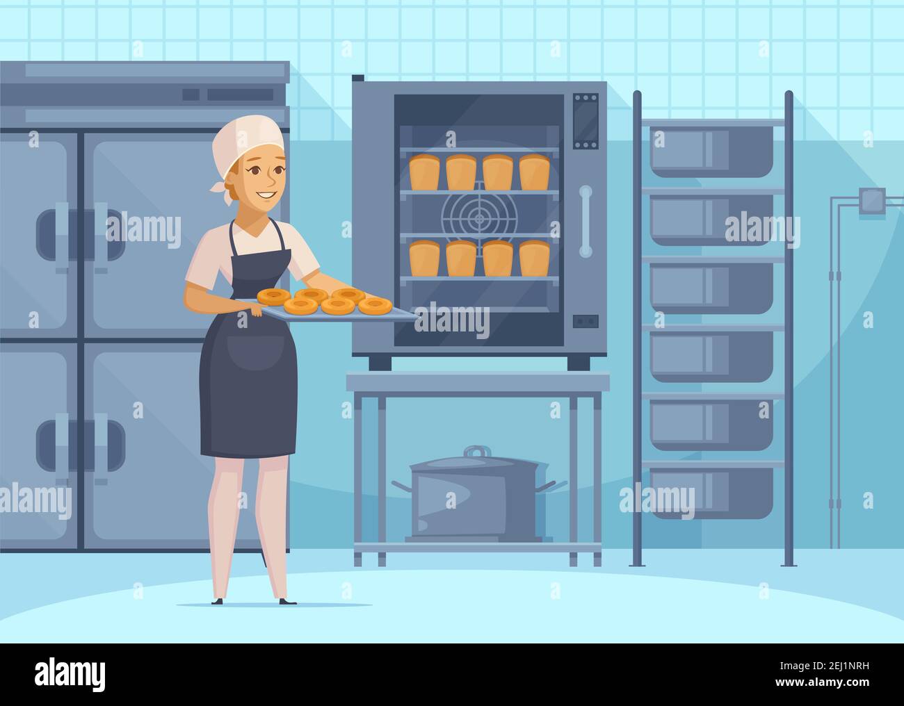 Bakery production cartoon composition including woman with buns at tray ...