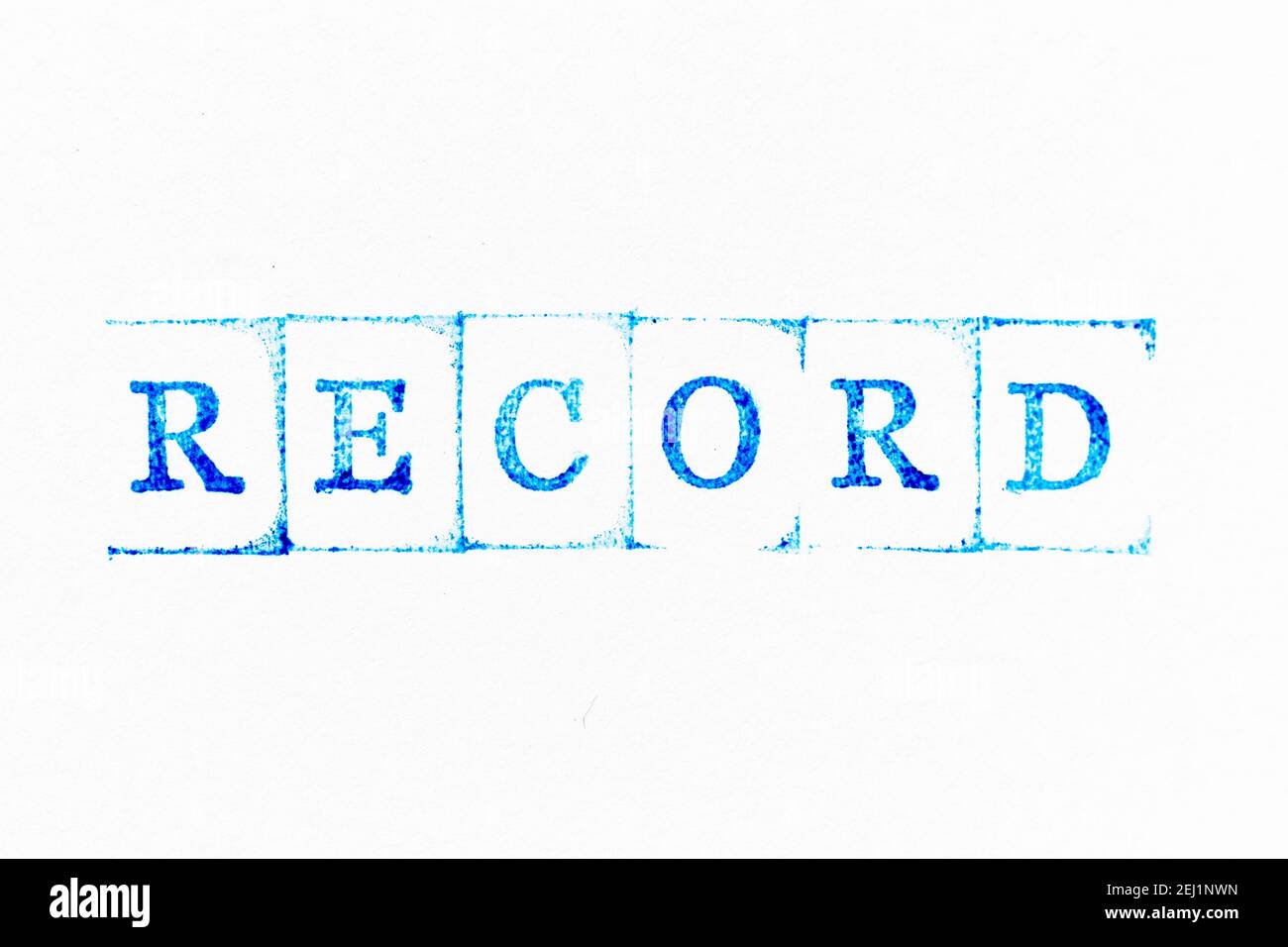 Blue color ink rubber stamp in word record on white paper background ...
