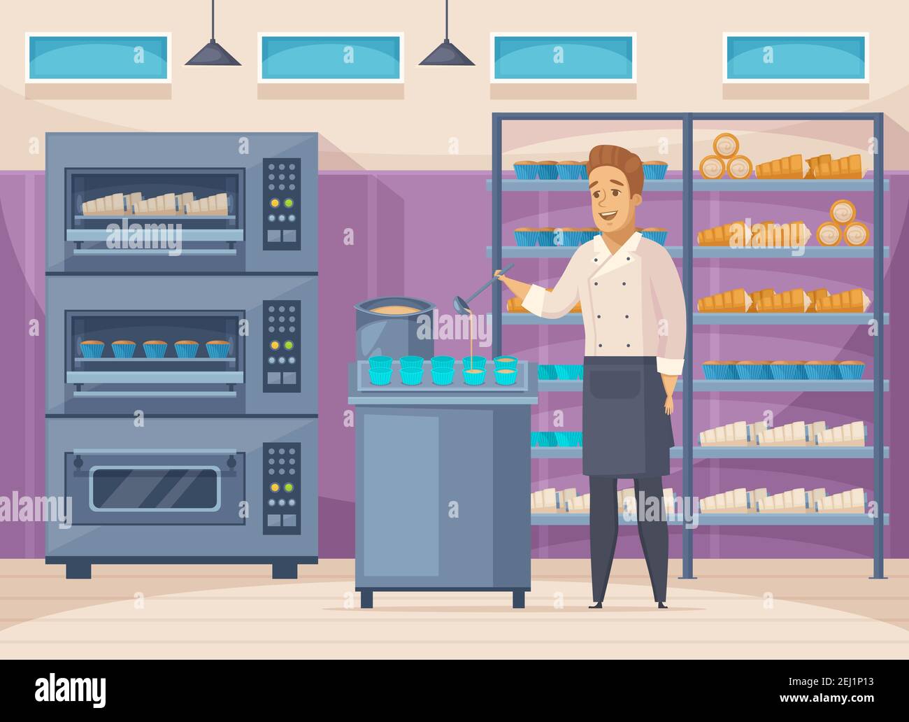 Confectionery factory cartoon composition with pastry cook filling cups ...