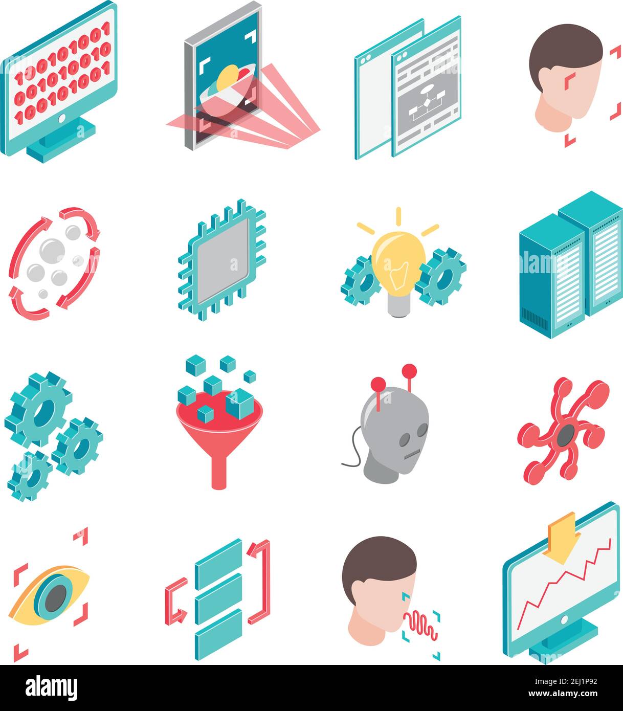 Machine learning isometric set of isolated icons with computer gear and ...