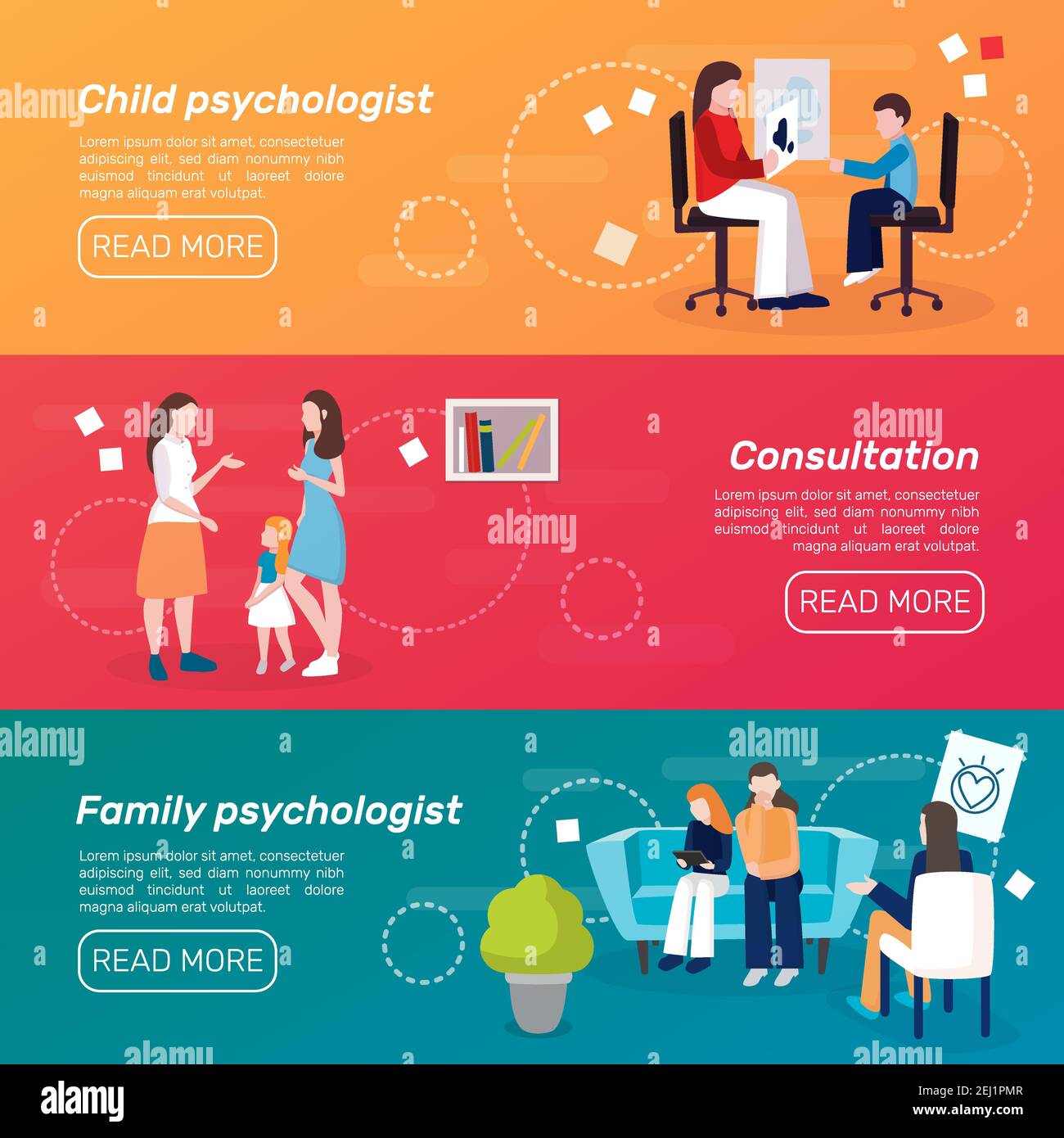 Set of three horizontal psychologist counseling people banners with ...