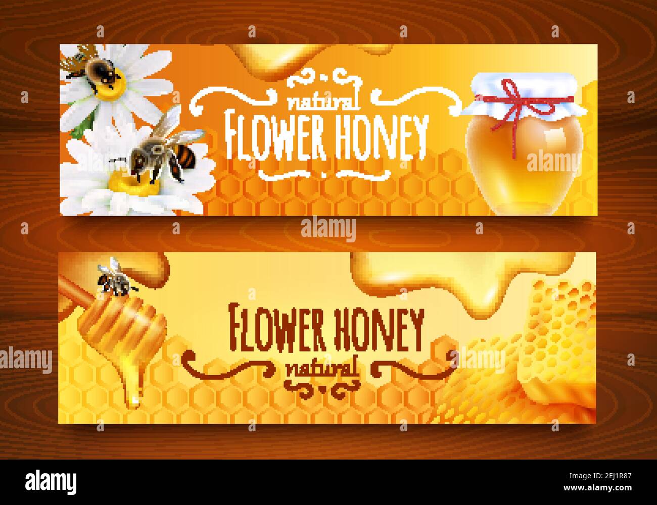 Realistic horizontal banners set with bees combs and jar full of ...