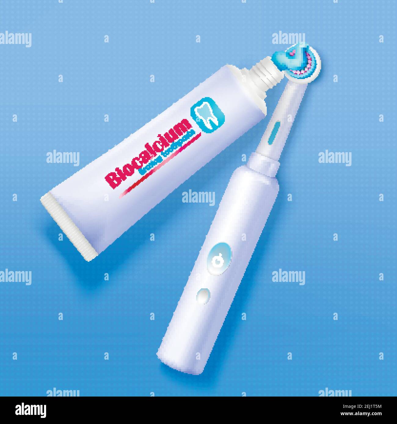Modern electric toothbrush and tube of toothpaste on blue background ...