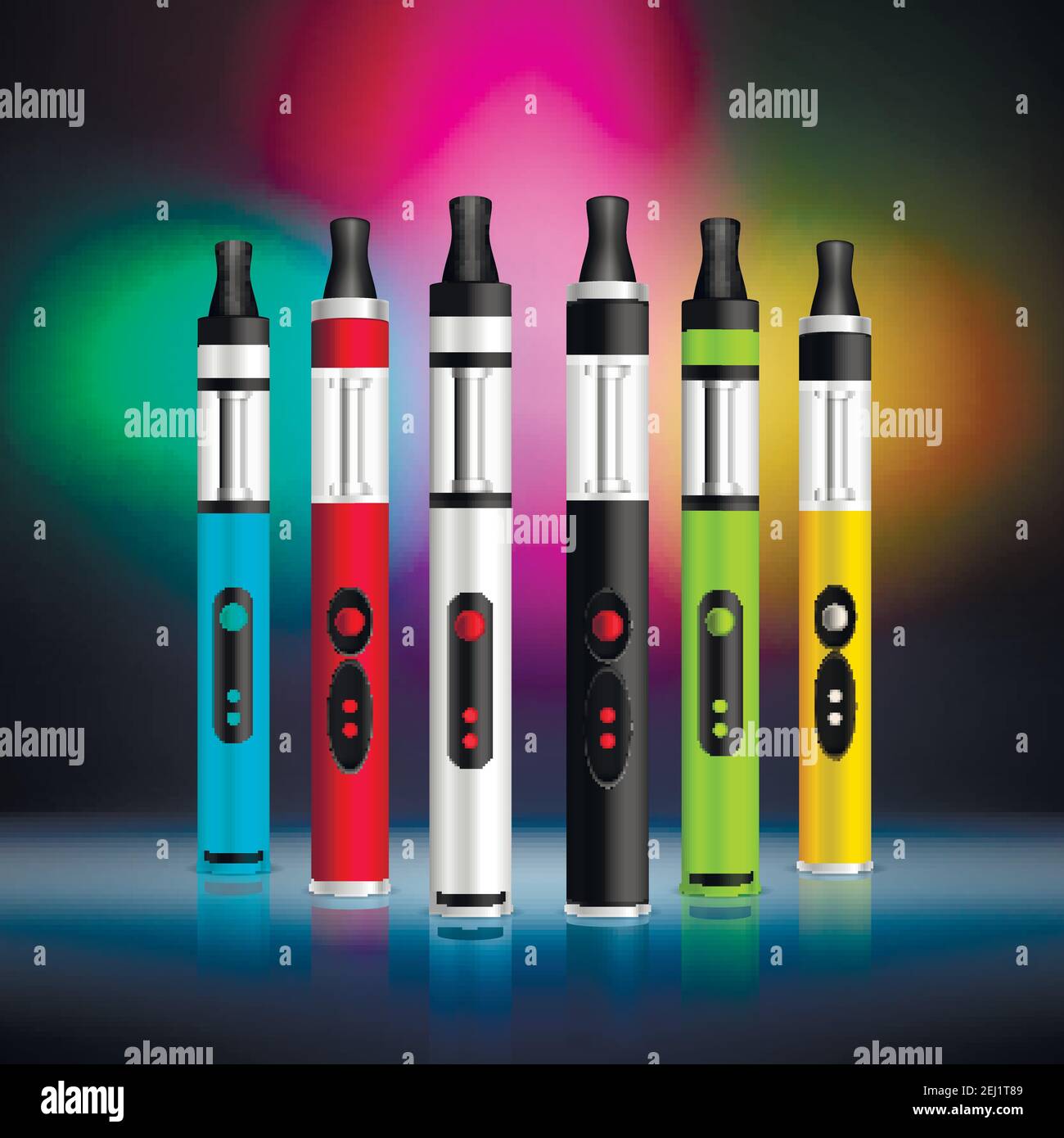 Realistic vaping devices of various color on blurred colorful ...