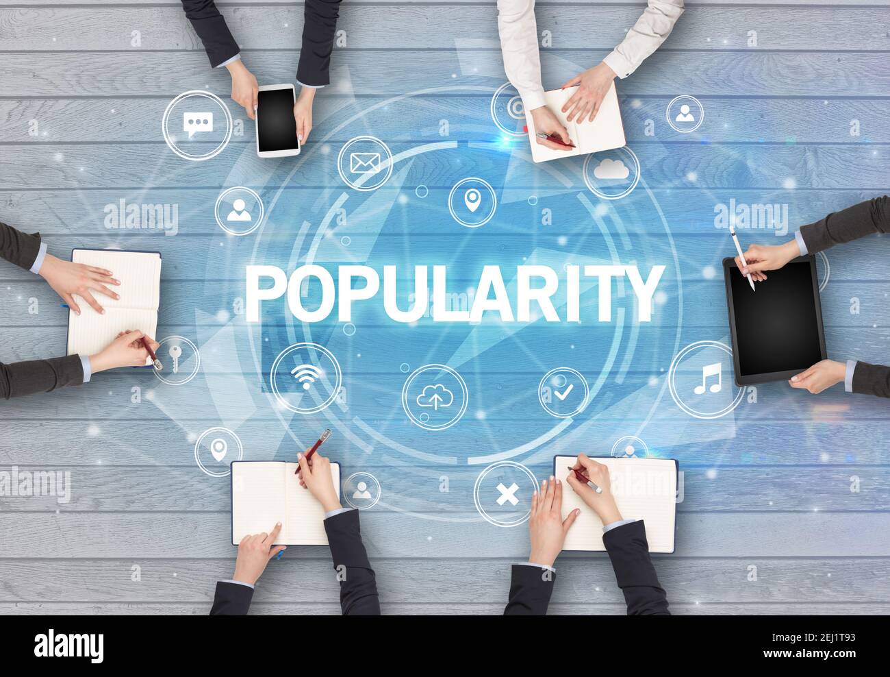Group of people having a meeting with POPULARITY insciption, social ...