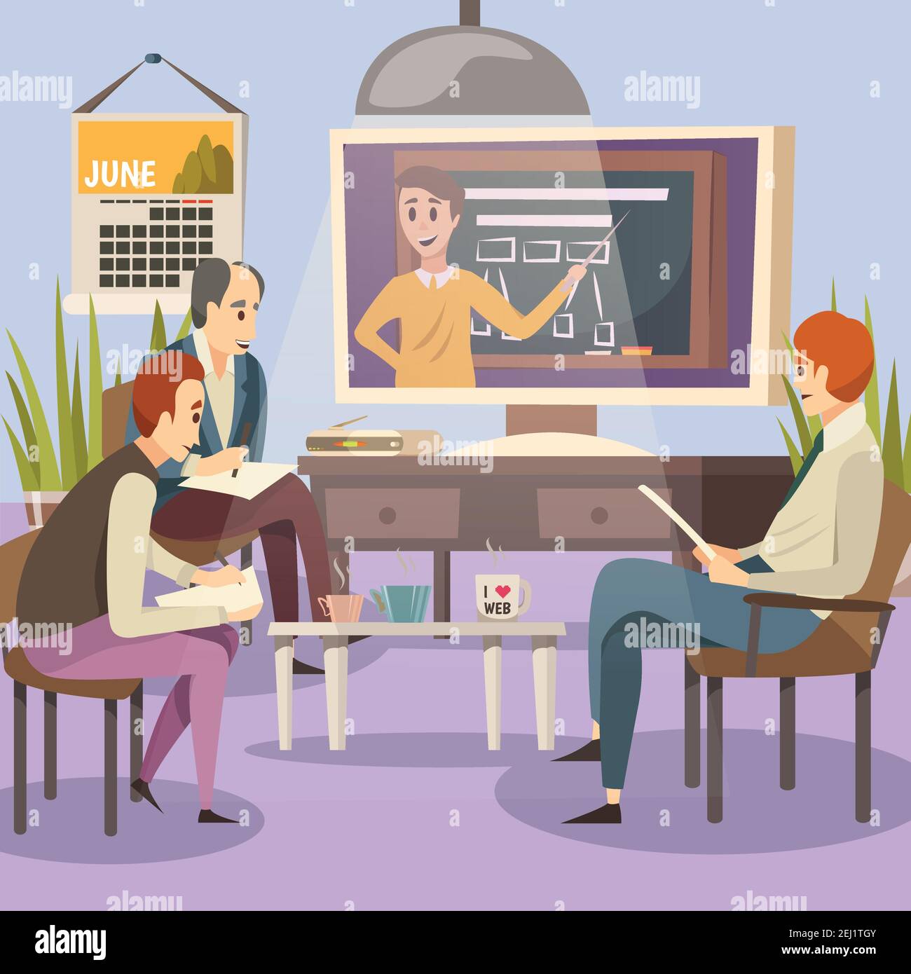 Students group in class listening to online lecture flat colored ...