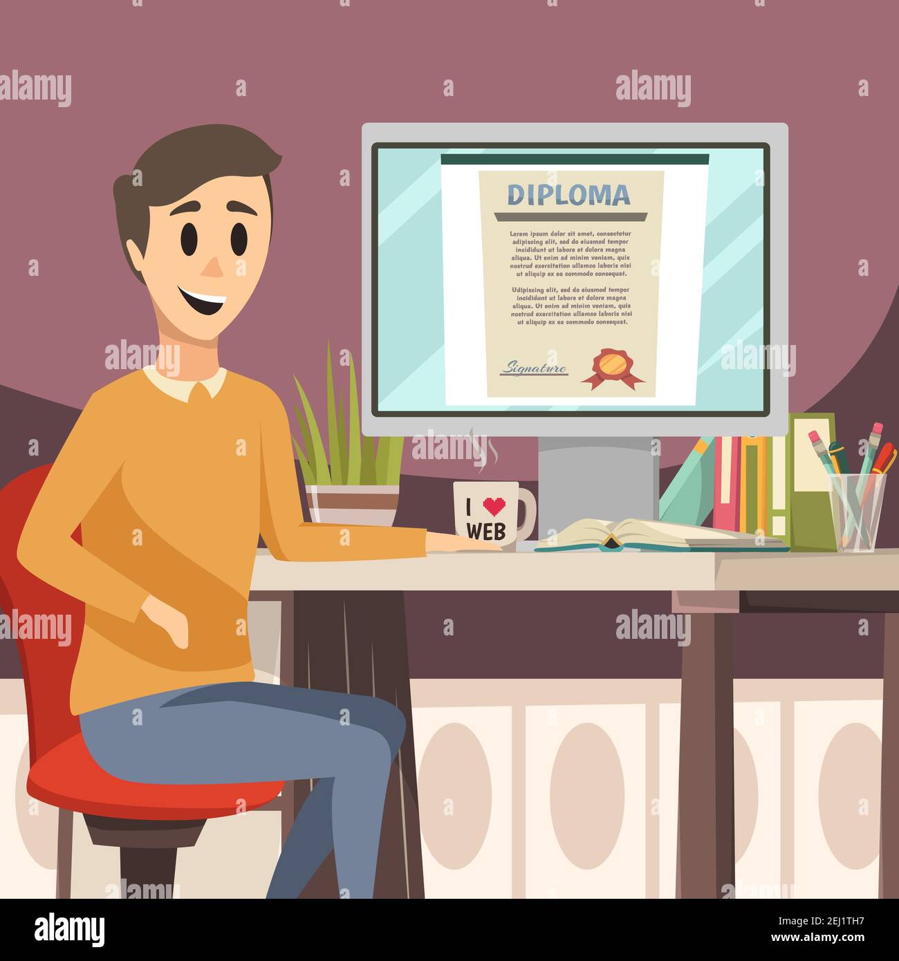 Online education orthogonal background with young man sitting at desk ...