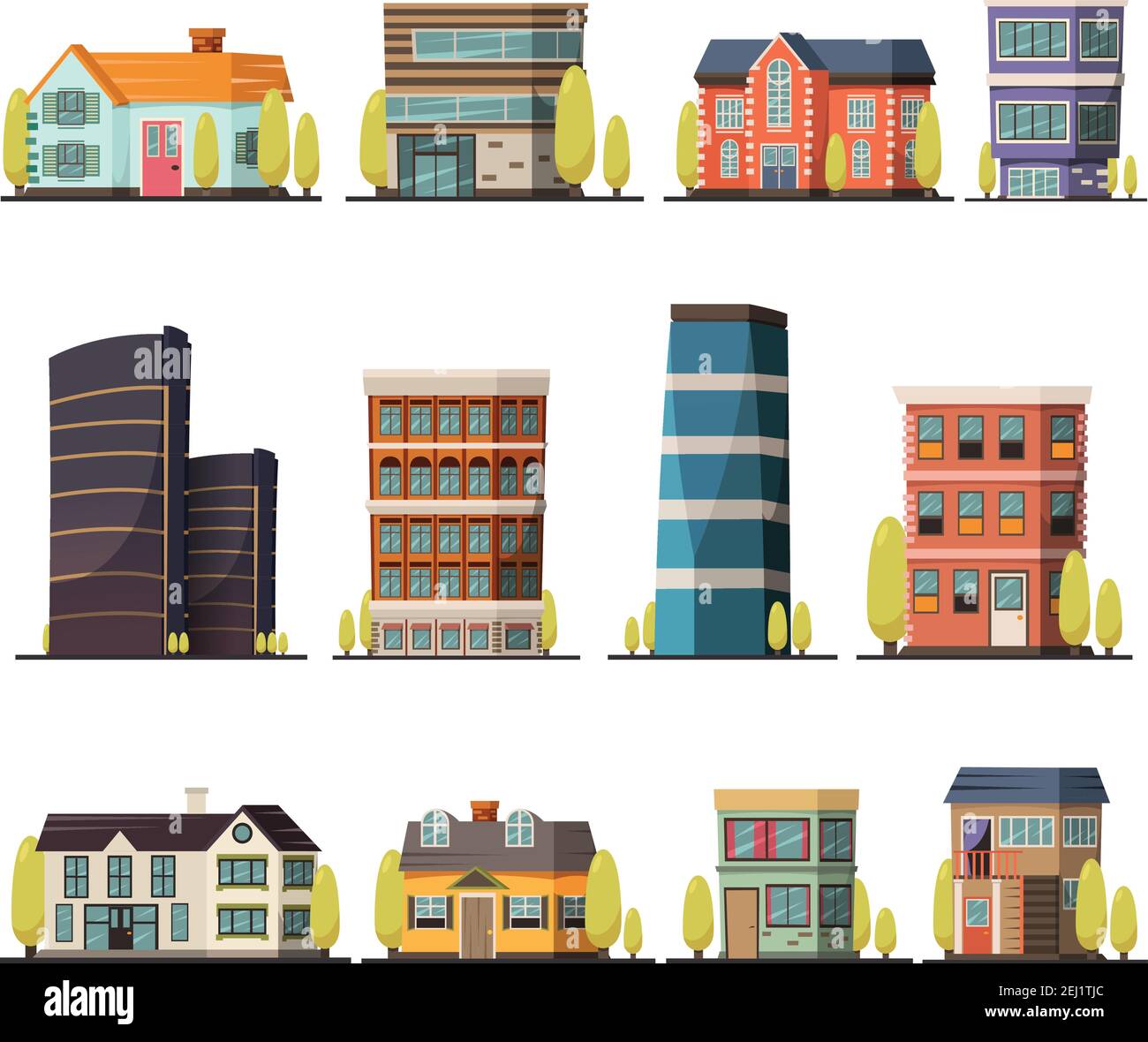 Orthogonal decorative icons set of living buildings including urban ...