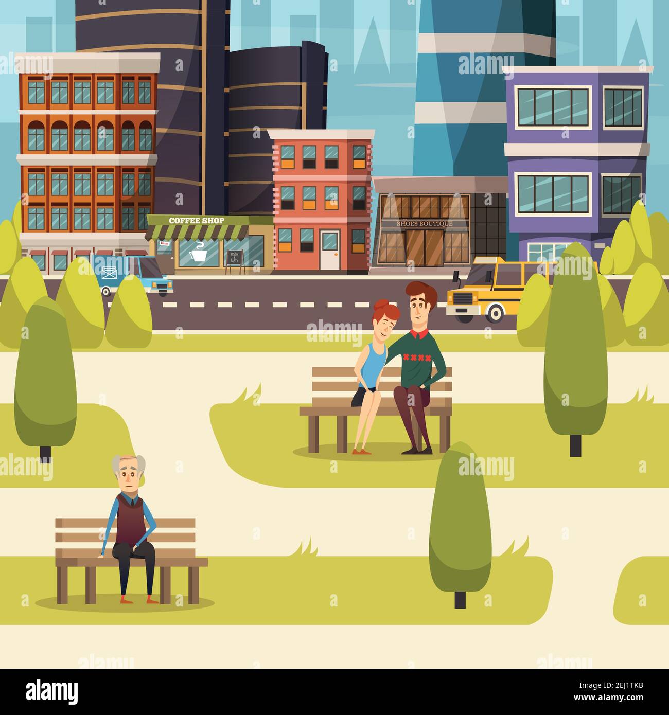 City landscape orthogonal background with urban residents sitting on ...