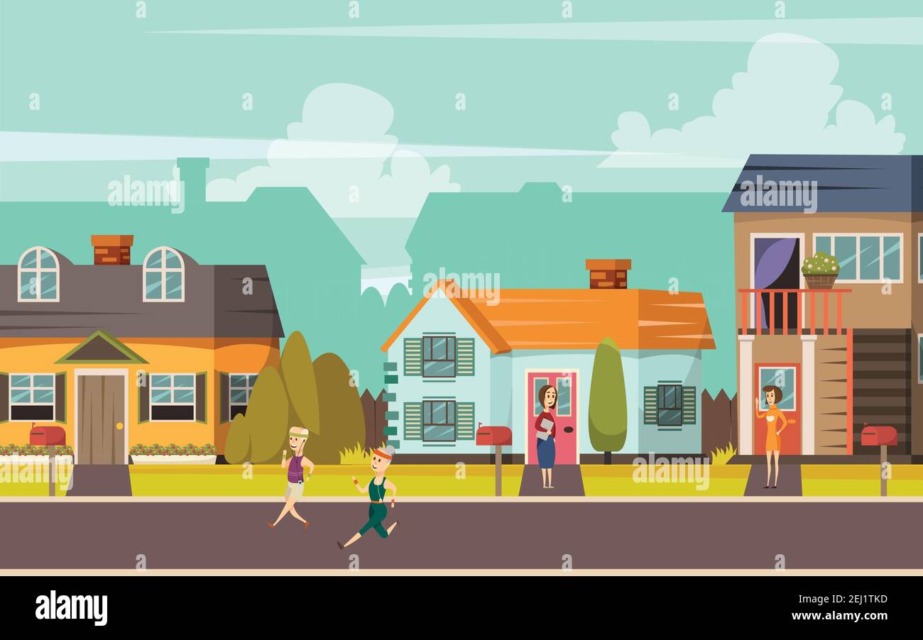 Rural street orthogonal background with cottages playing children and ...