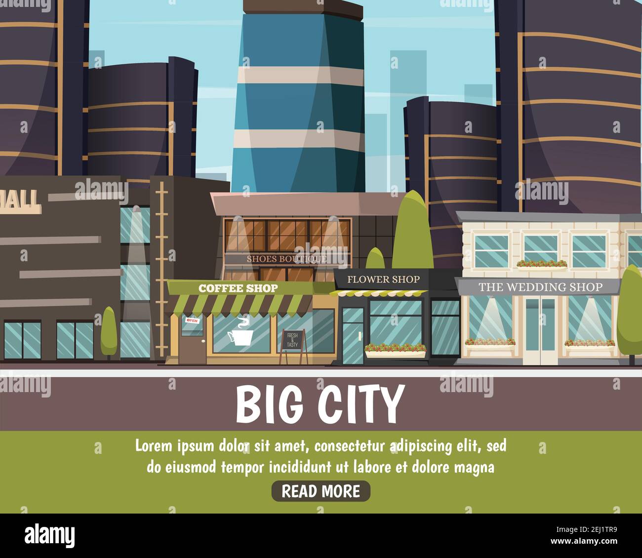 Big city flat urban landscape with modern mall building and different ...