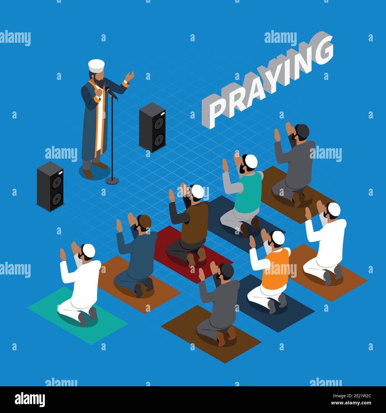 Praying in islam isometric composition with religious leader and ...