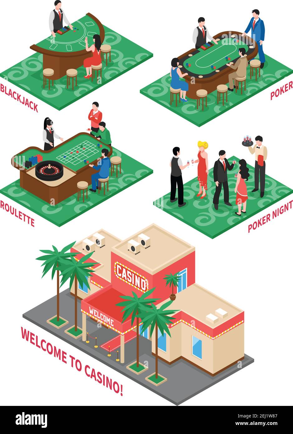 Set of isometric compositions on casino theme with black jack roulette ...
