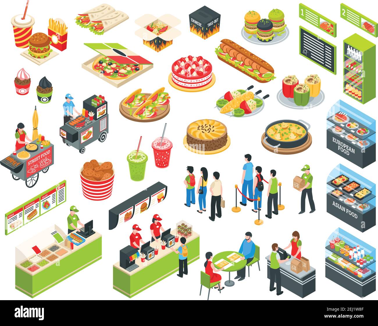 Shopping center indoor plaza fast food court with vendors and self ...