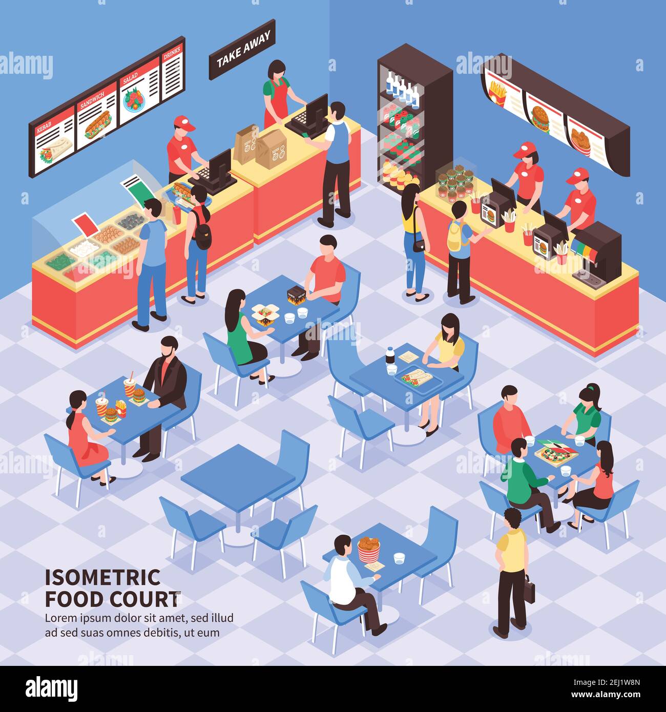 Fast food court with visitors sitting at tables and staff at counters ...