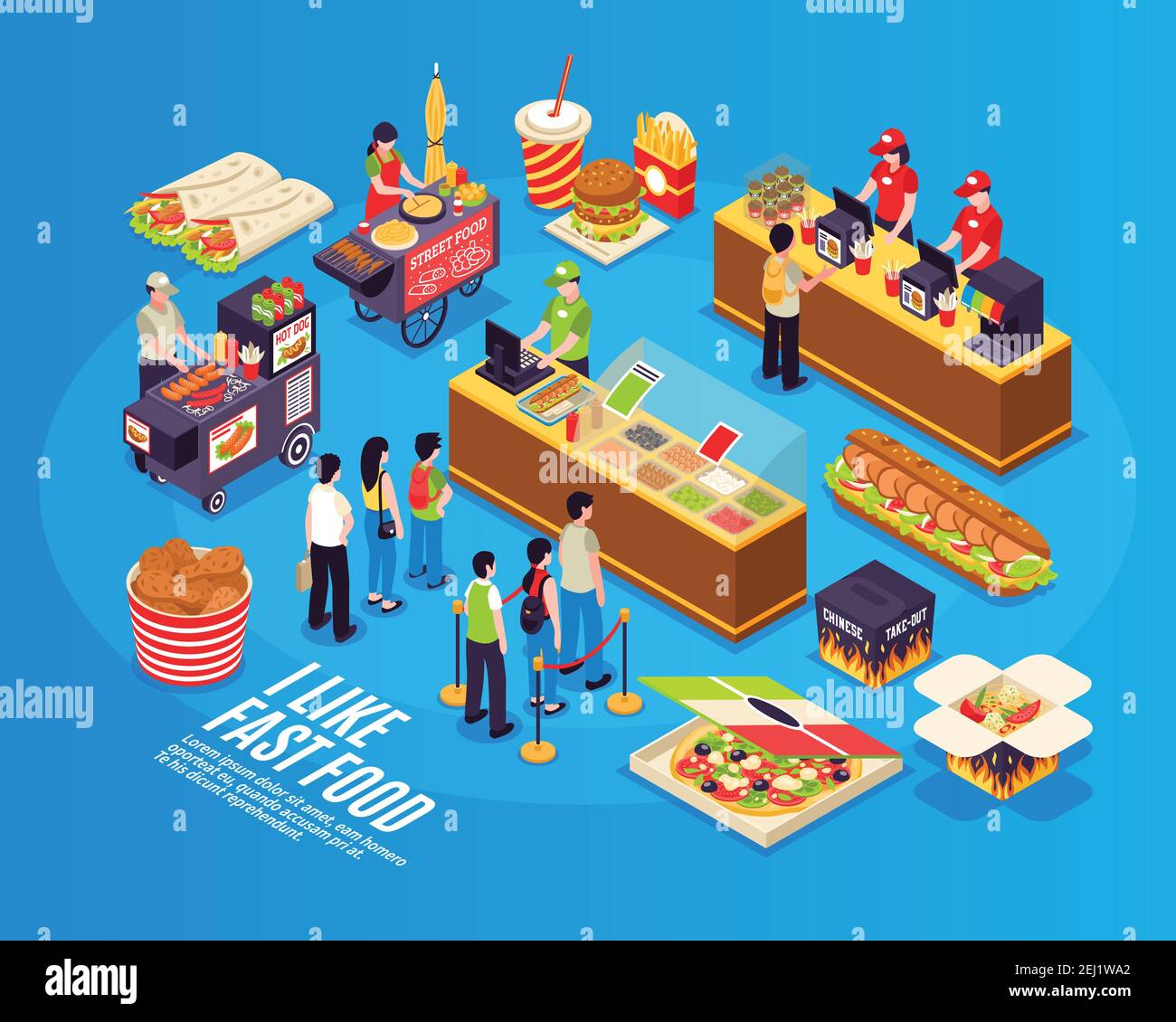 Fast food isometric design concept with street sellers restaurant ...