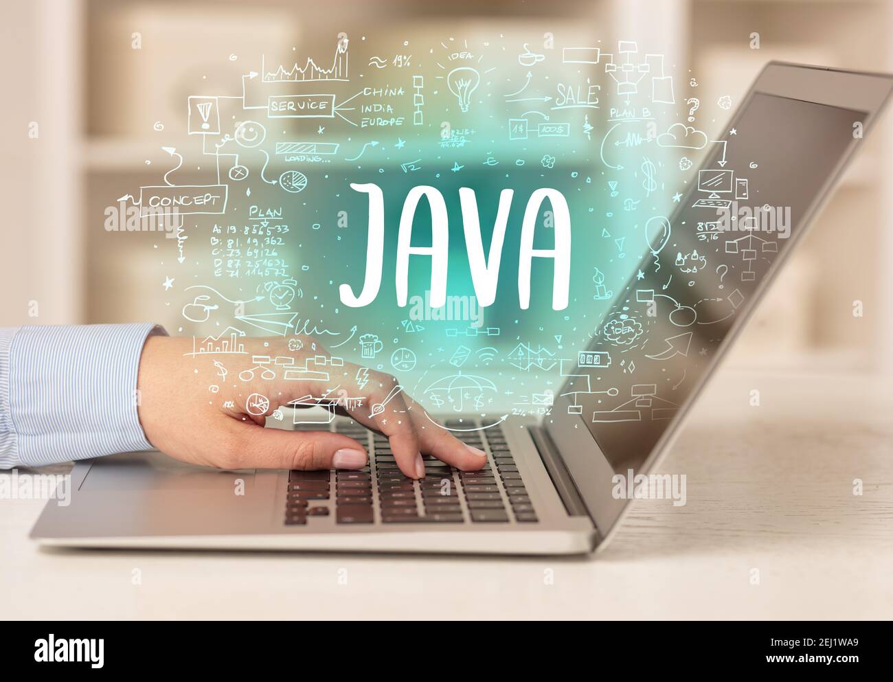 hand working on new modern computer with JAVA abbreviation, modern ...