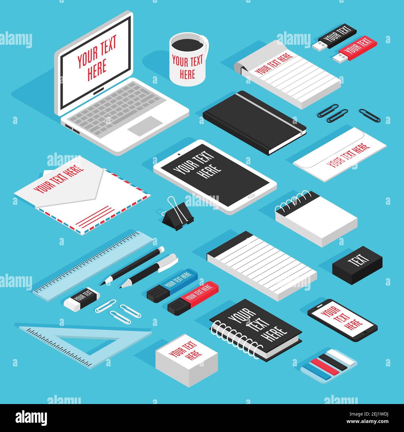 Modern stationary writing materials with laptop tablet notepad pens ...