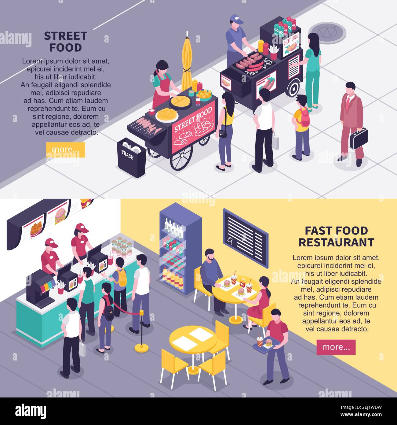 Fast food horizontal banners with people in restaurant and near street ...