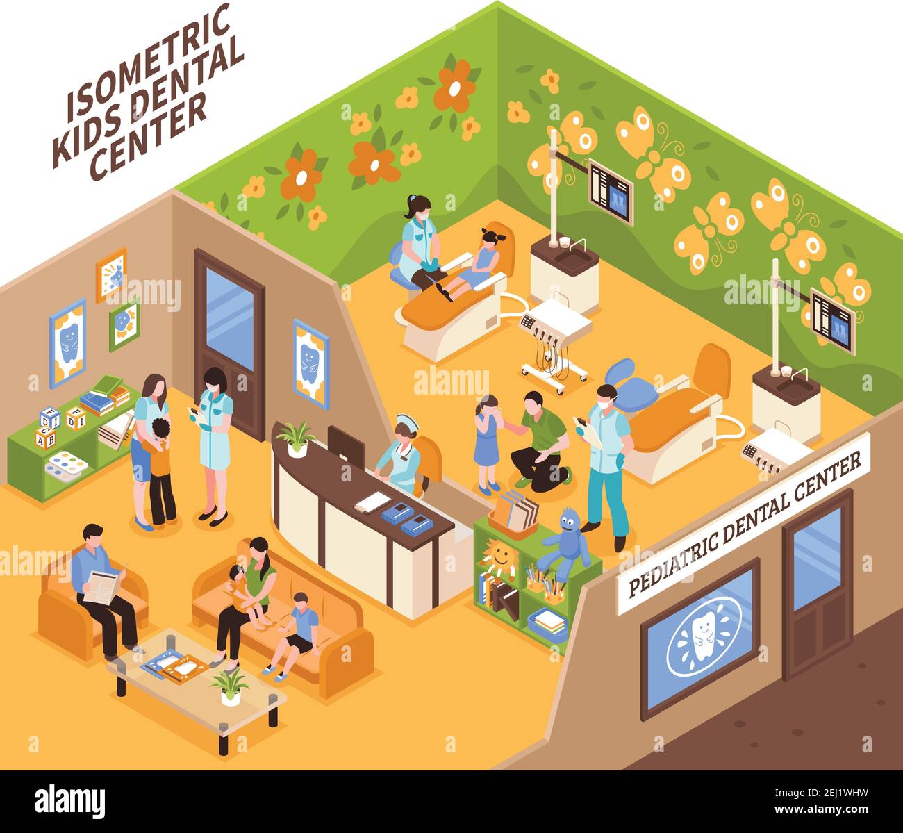 Pediatric dentist isometric vector illustration with children and their ...