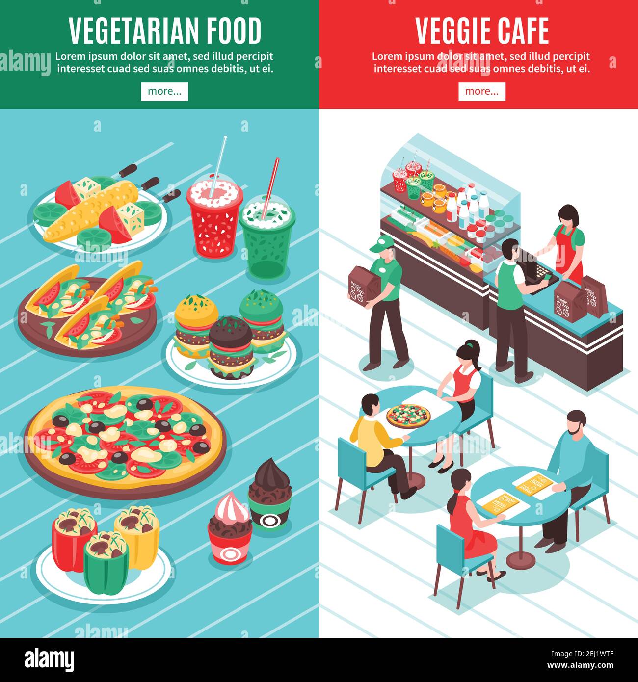 Vegetarian vertical banners with veggie cafe isometric composition ...