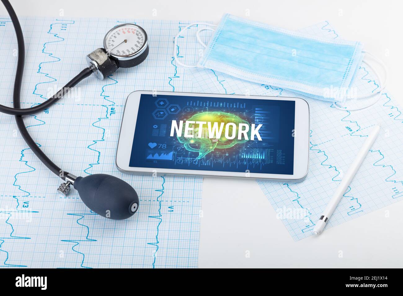 Tablet pc and medical tools with NETWORK inscription, social distancing ...