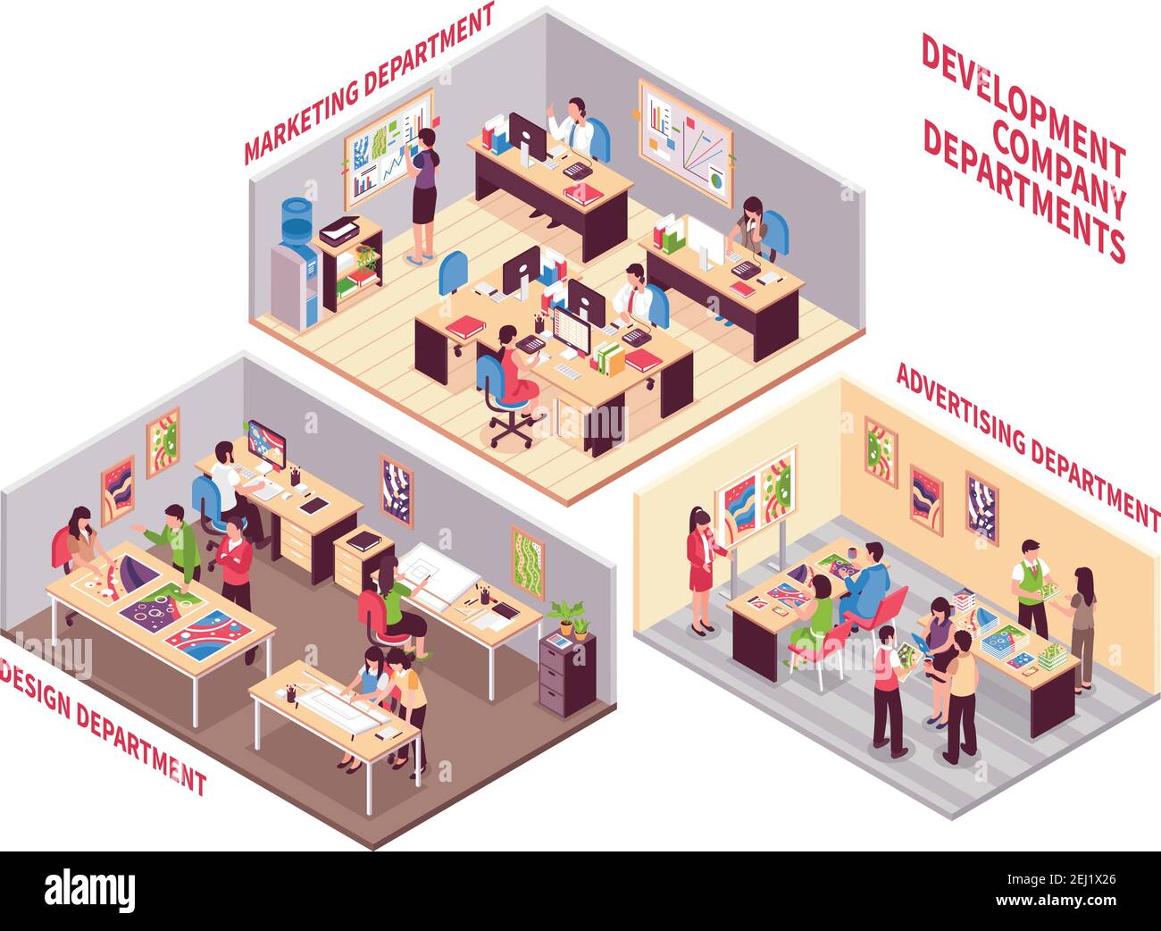 Set of isometric coworking spaces of development company with employees ...