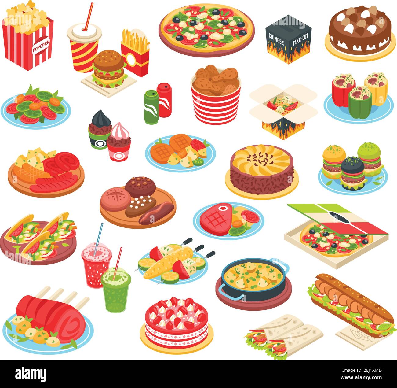 Fast food isometric icons set with pizza grilled potato hamburger hot ...