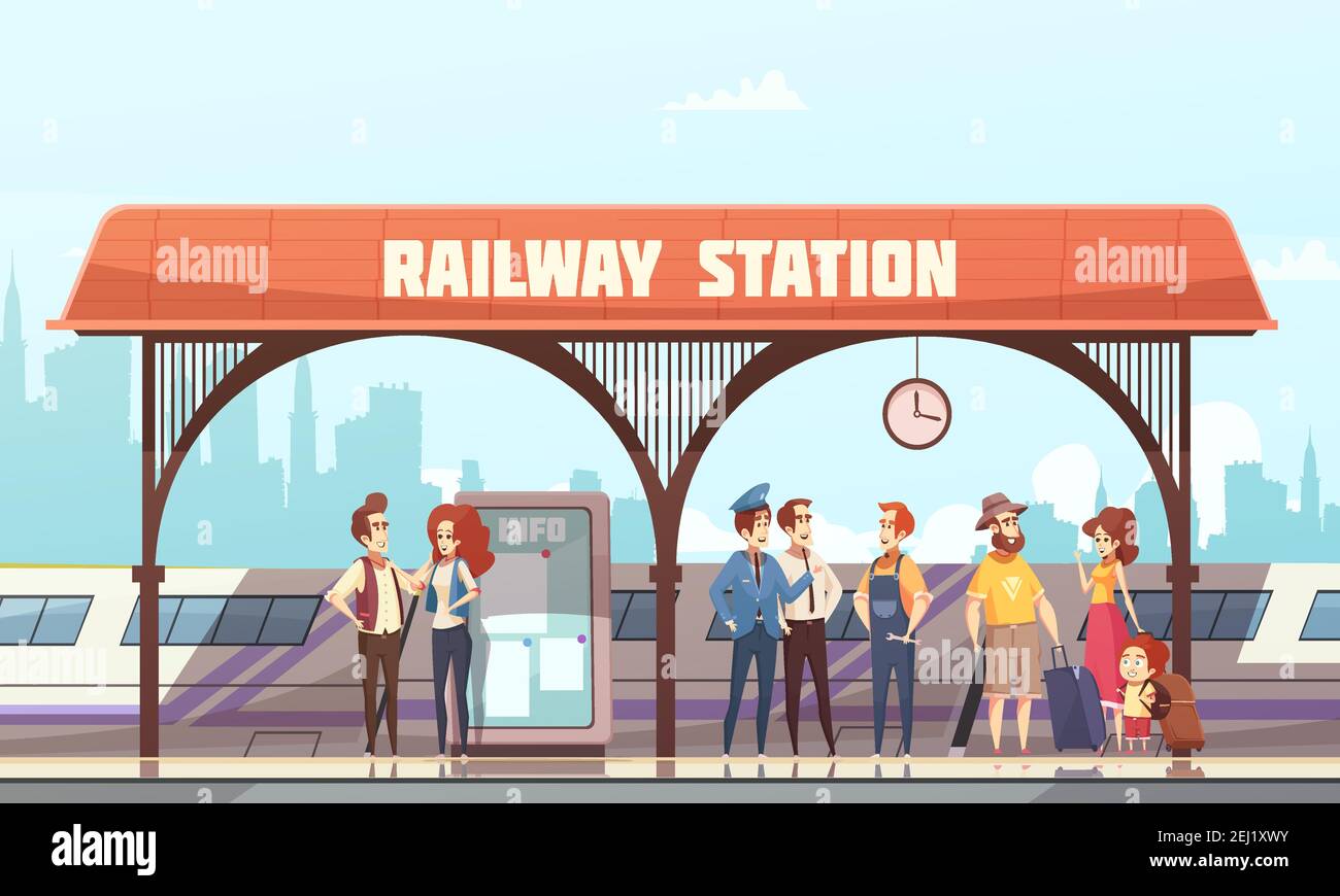 Railway station flat vector illustration with passengers and travelers ...