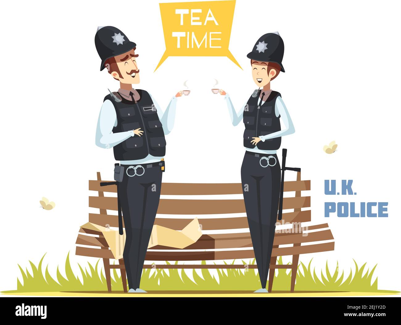 Couple of male and female police officers having tea break in urban ...