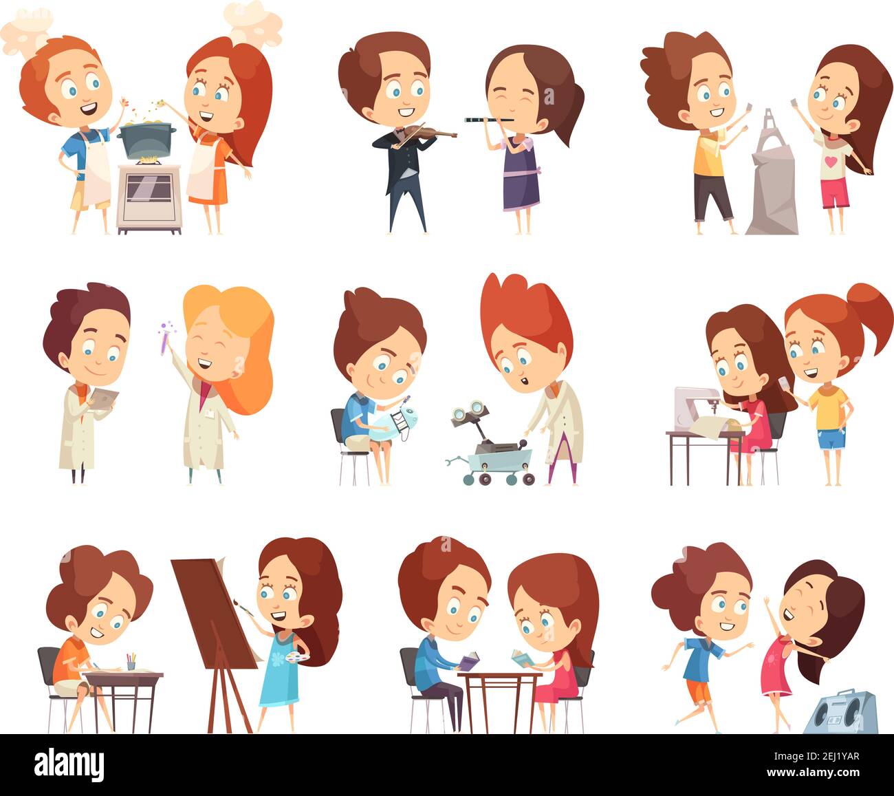 Kids classes decorative icons set with creative children engaged in ...