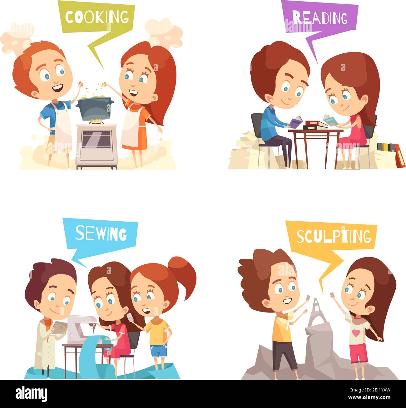 Children classes 2x2 design concept set of cartoon characters engaged ...