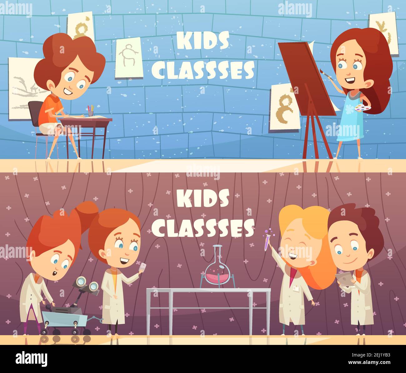 Children classes horizontal banners with cartoon kids painting in ...