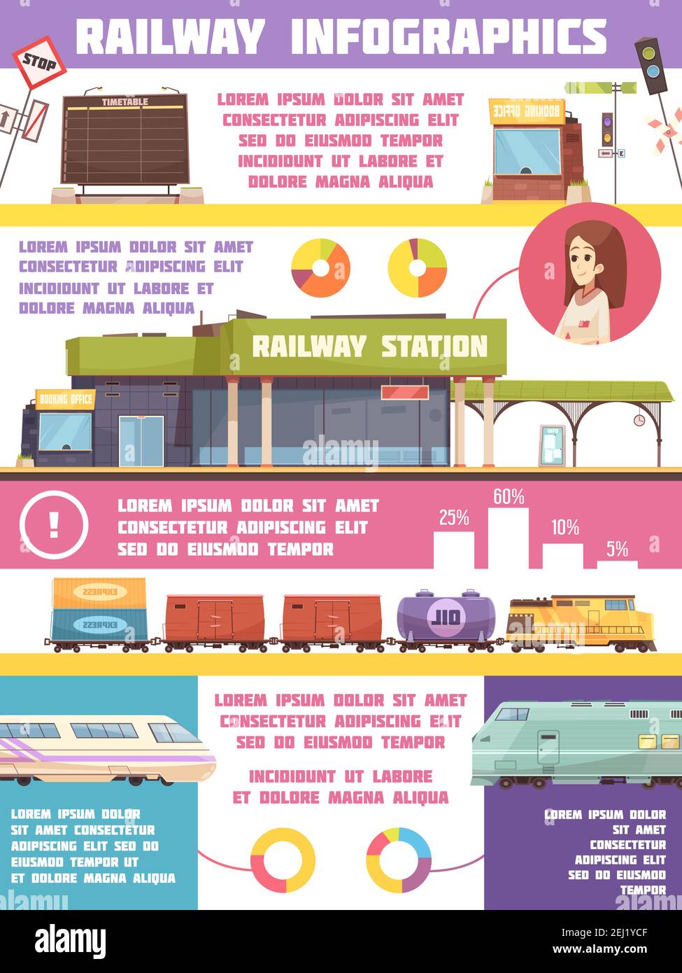 Railway infographics flat template with freight and passenger ...