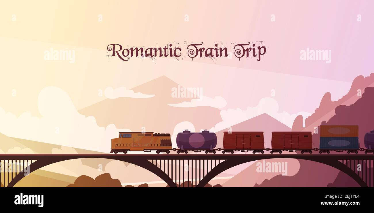 Romantic train trip flat vector illustration with railway train passing ...