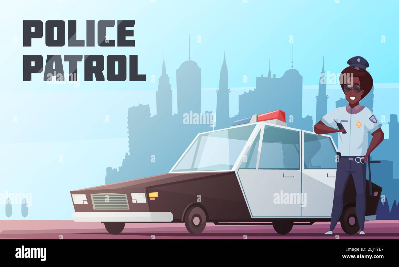 Police patrol cartoon vector illustration with officer standing near ...