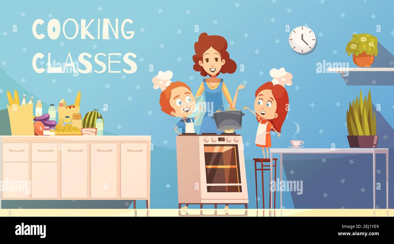 Cooking classes for children in kitchen interior cartoon vector ...