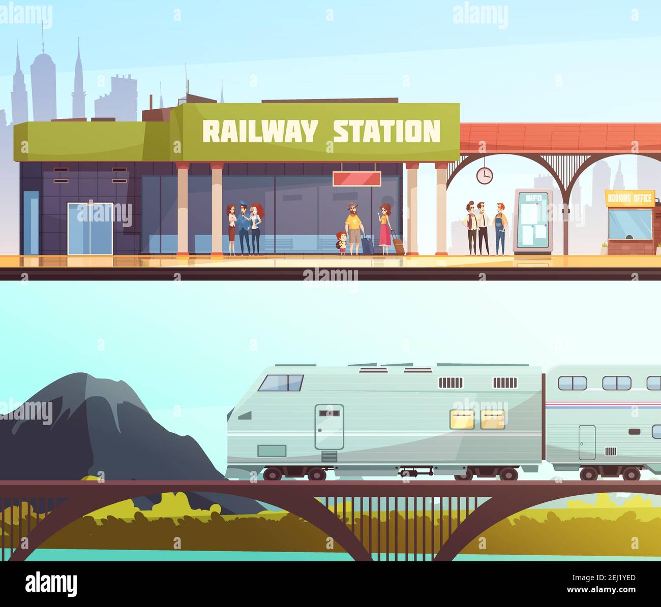 Railway station and railway bridge horizontal banners with people ...