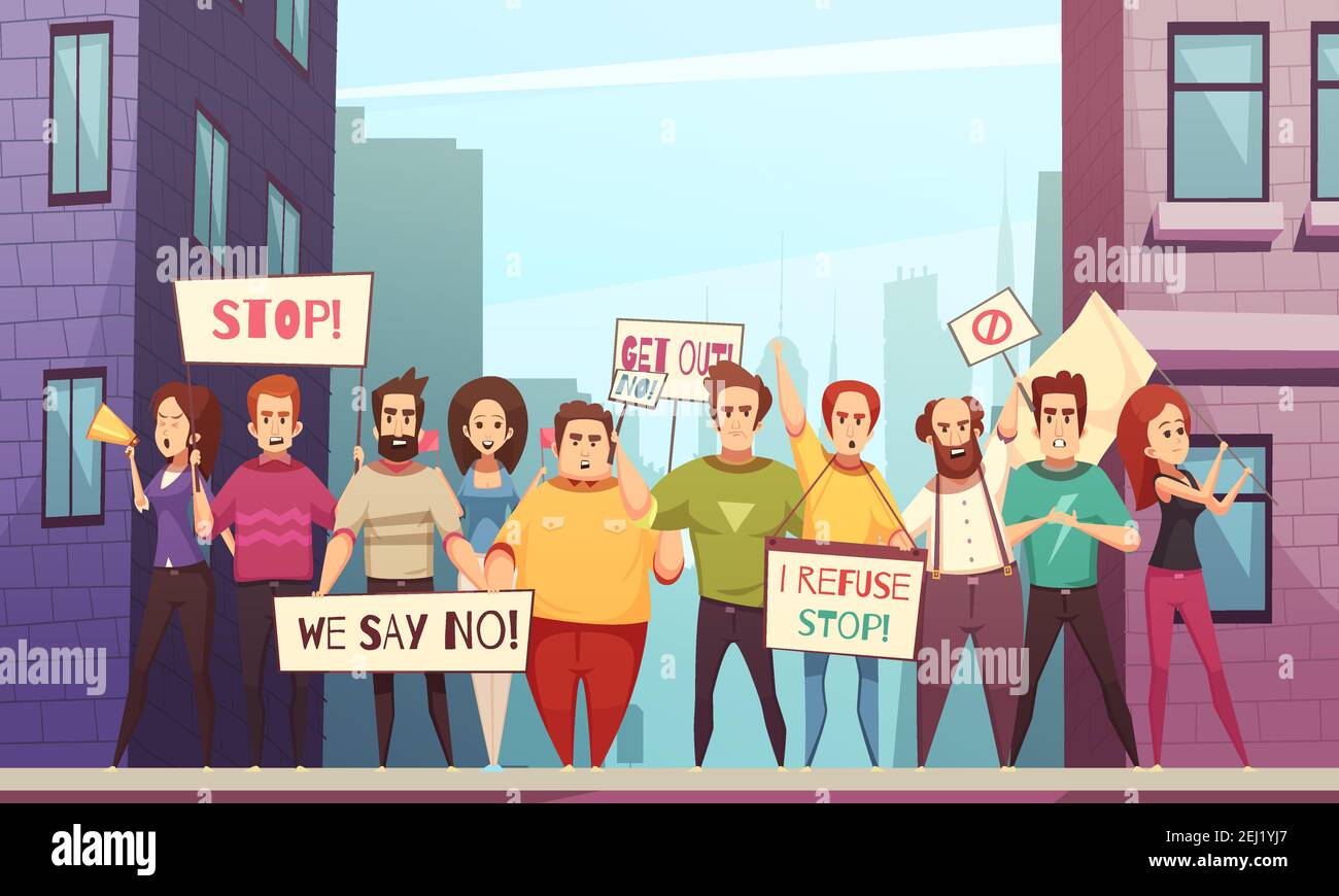 Protesting crowd of peaceful urban residents walking on streets of city ...