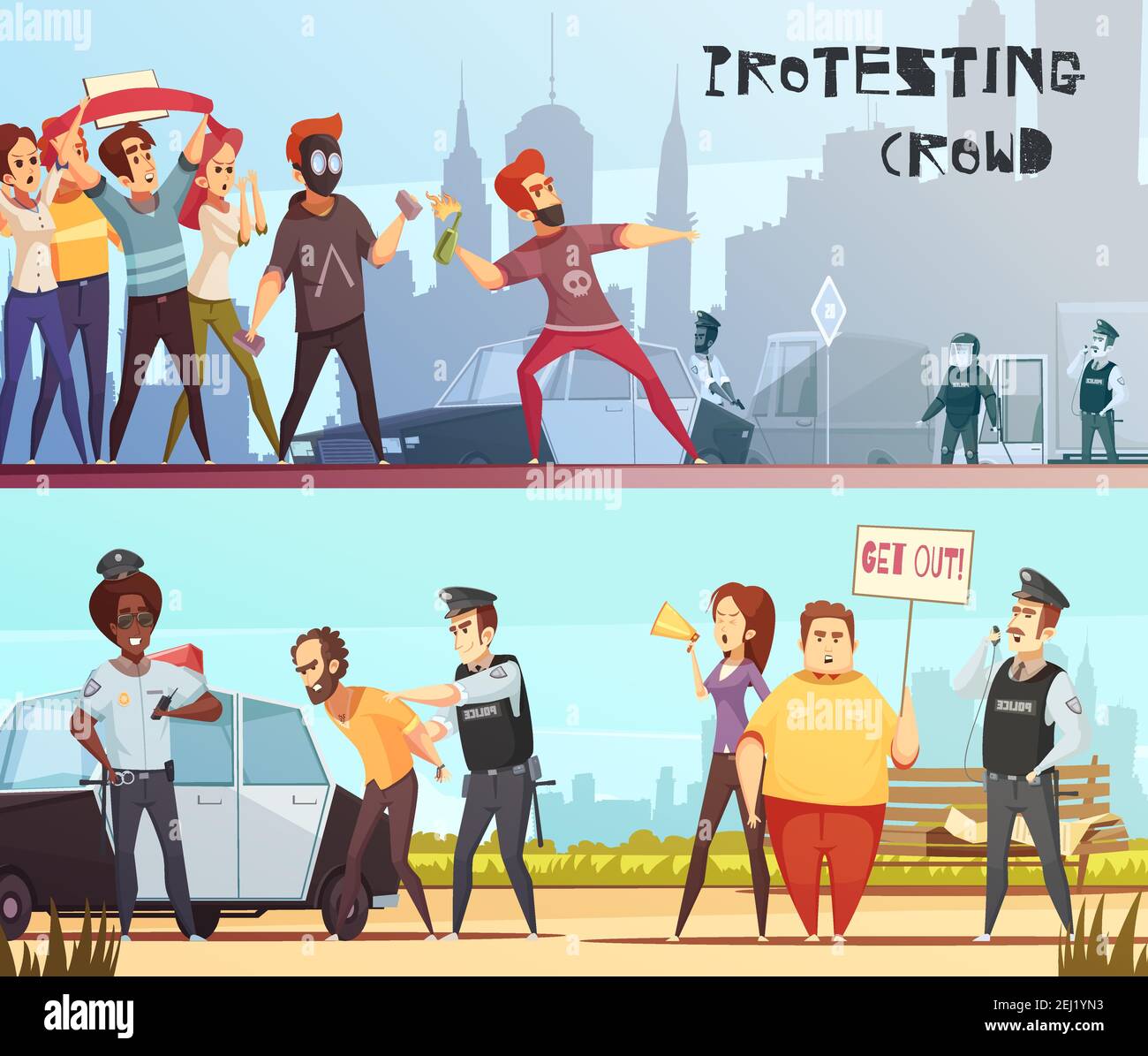 Protesting crowd horizontal banners set of police officers and young ...