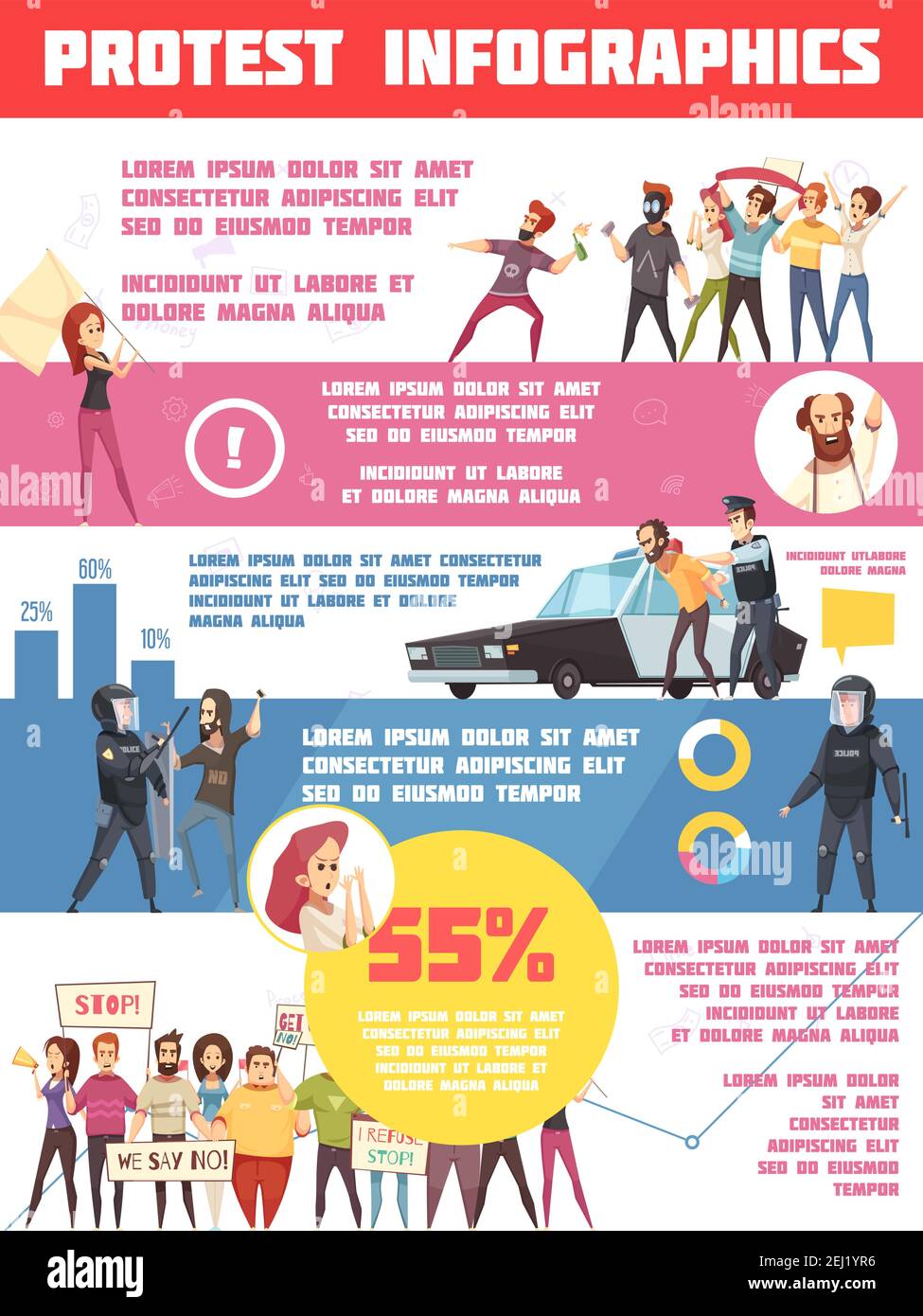 Protest actions infographics layout with statistic about motivation of ...