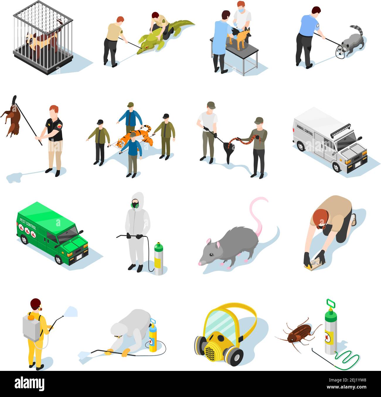 Pest control isometric icons set of animals insects and people used in ...