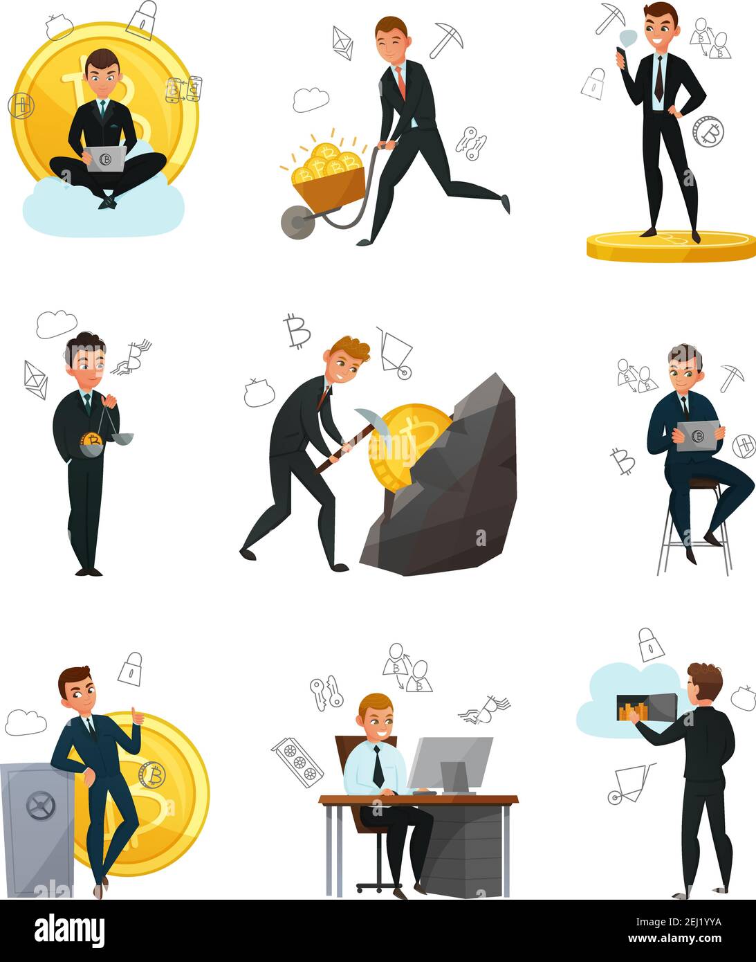 Cryptocurrency and bitcoin mining cartoon set isolated on white ...