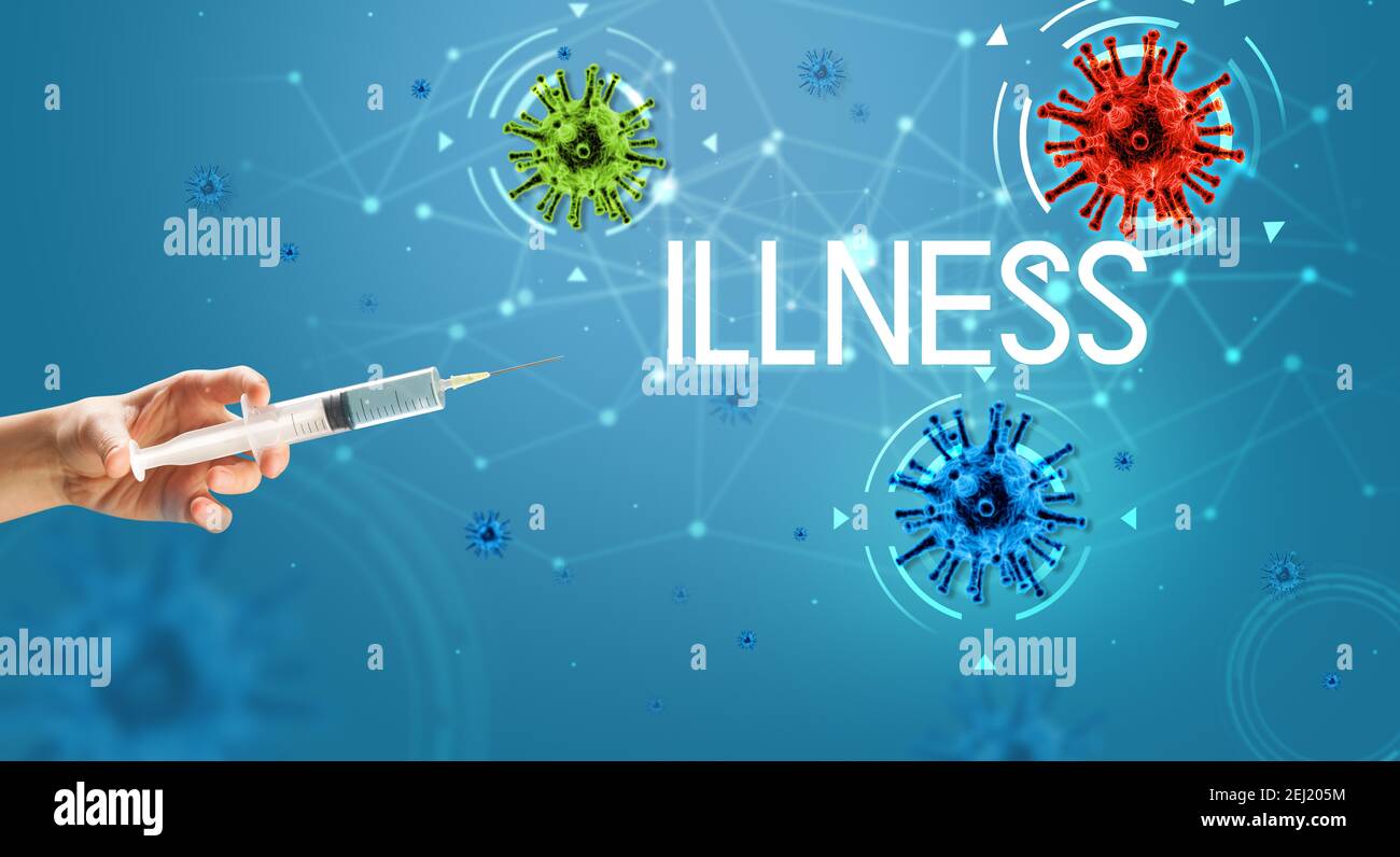 Syringe, medical injection in hand with ILLNESS inscription ...