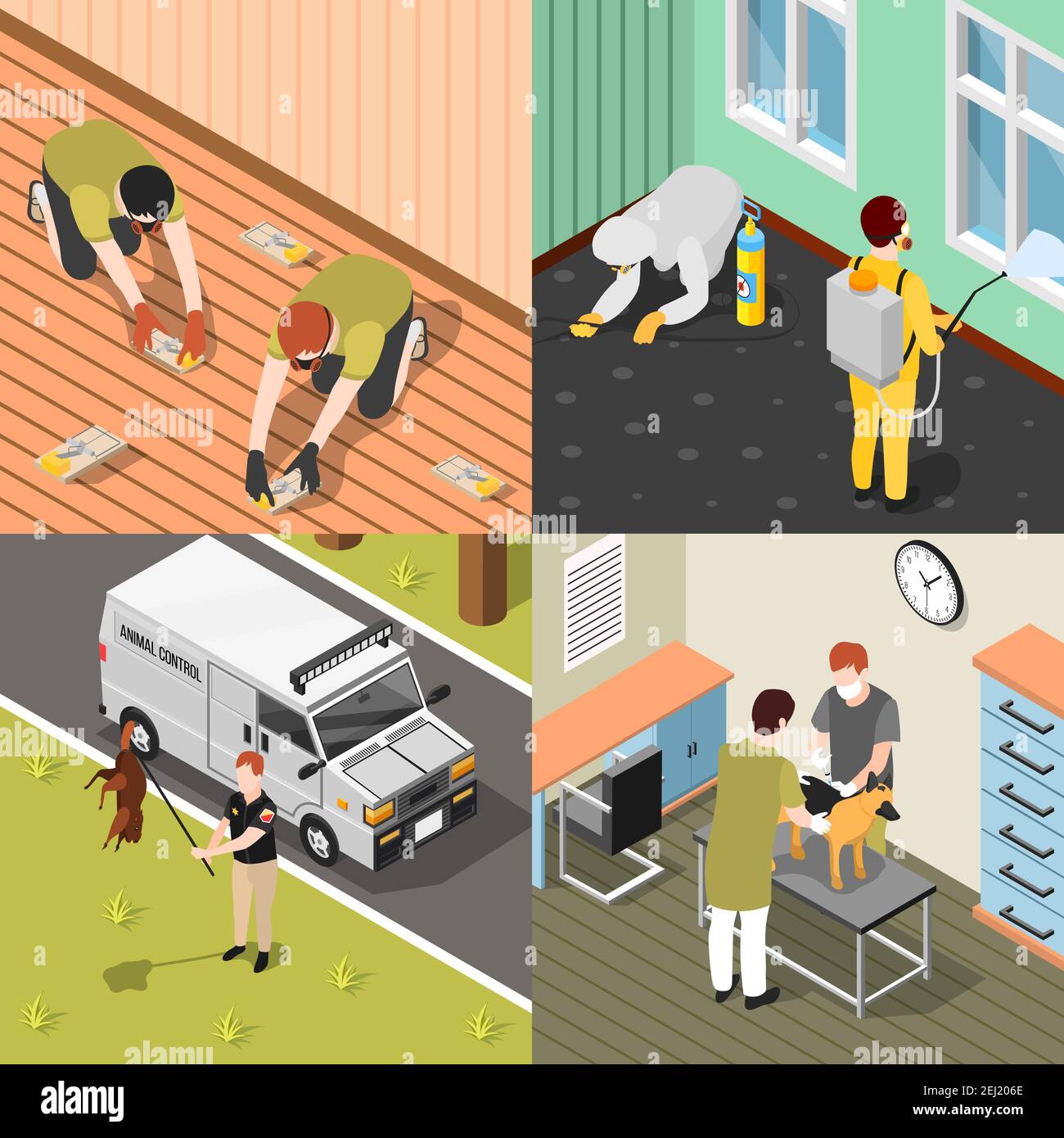 Pest control 2x2 isometric design concept with house disinfection rats ...