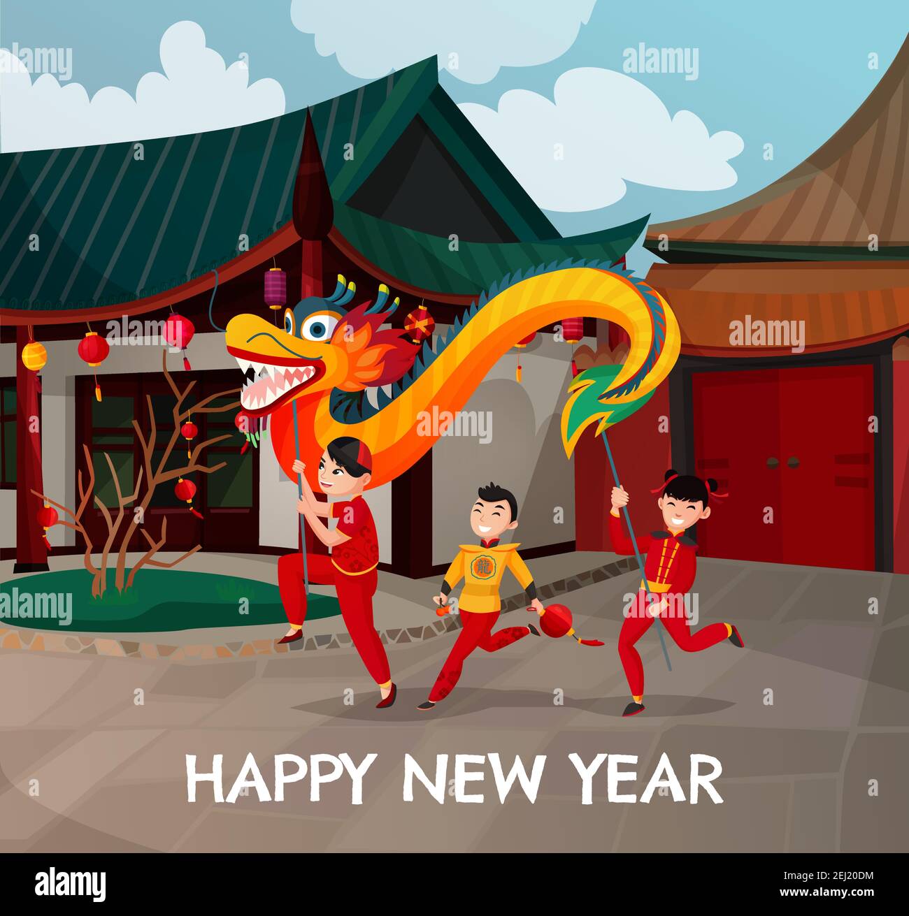 Chinese new year, dancing kids with colorful dragon and paper lanterns ...