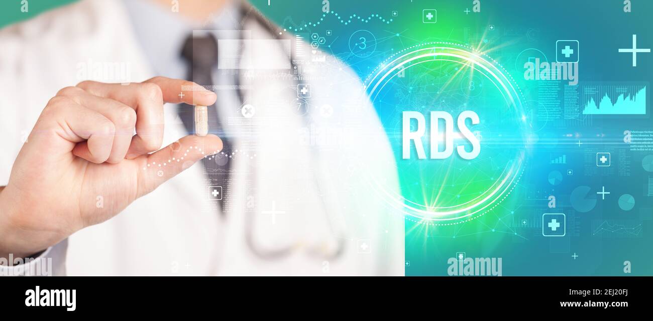 Close-up of a doctor giving you a pill with RDS abbreviation, virology ...