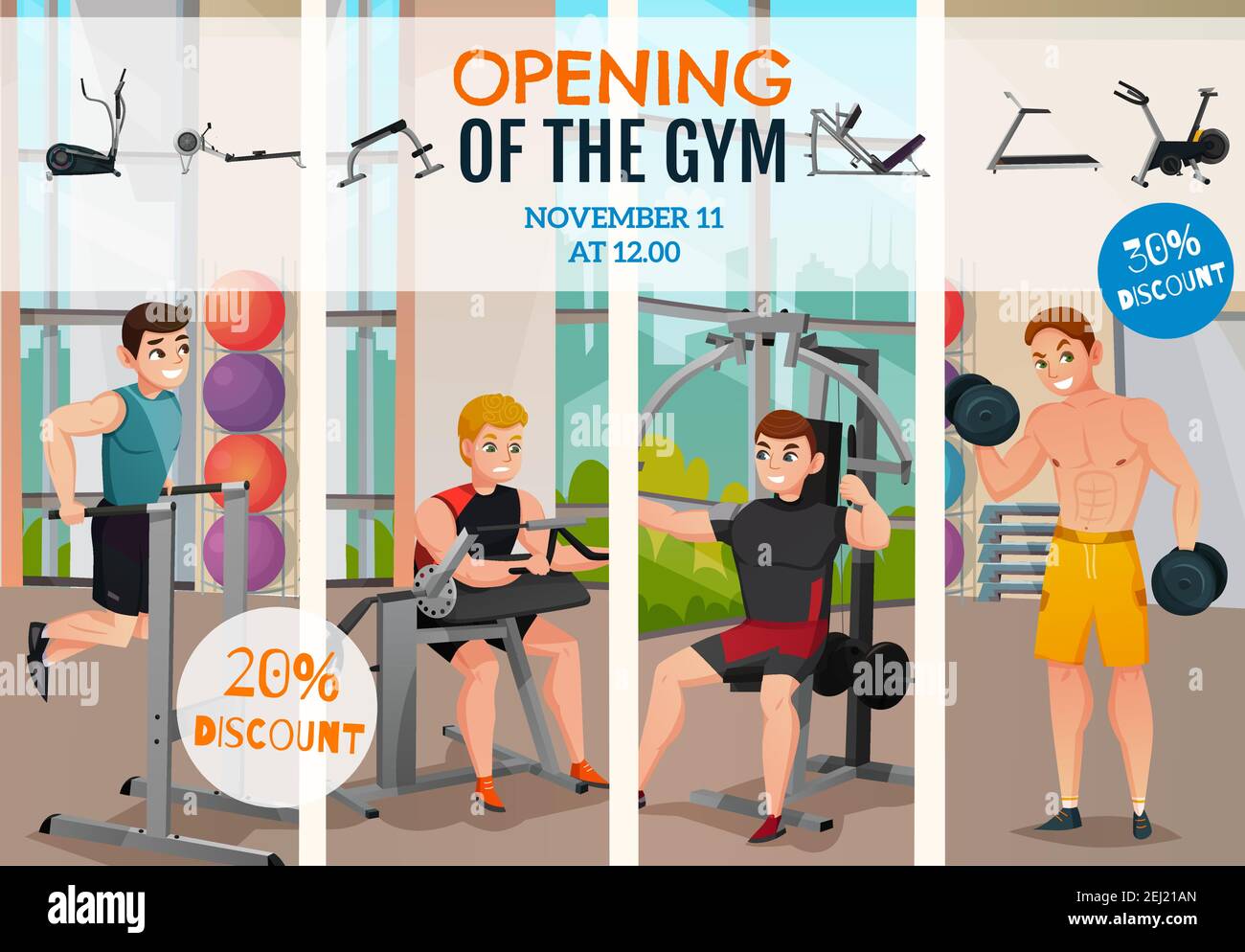 Gym opening advertising poster with men on exercise equipment and ...