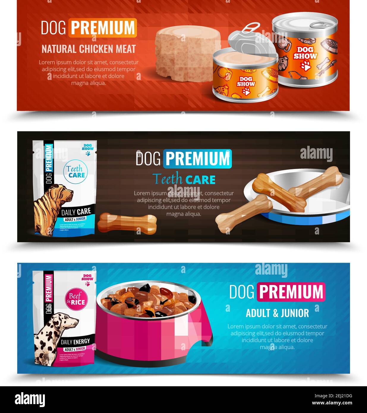 Set of three premium dog food horizontal banners with images of product ...