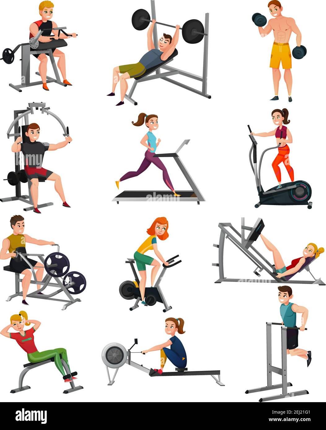Set of exercise equipment with people including treadmill, bench press ...